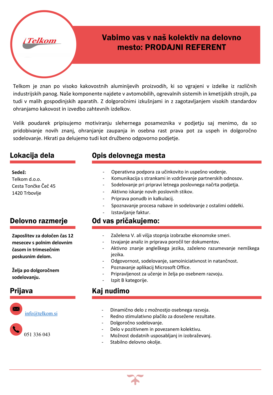 Prodajni referent - Trbovlje - Predogled oglasa - MojeDelo.com